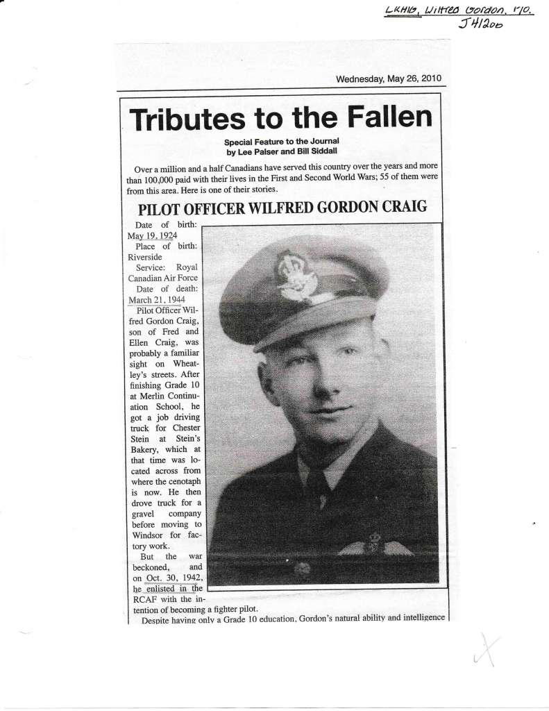 Craig, Wilfred Gordon – Gathering Our Heroes – Chatham-Kent's WWI ...