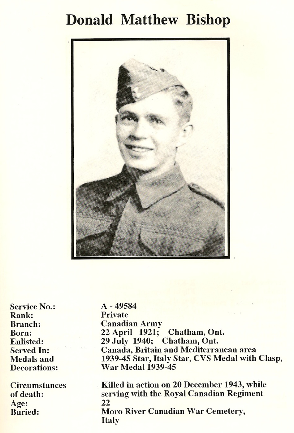 Bishop, Donald Matthew – Gathering Our Heroes – Chatham-Kent's WWI ...