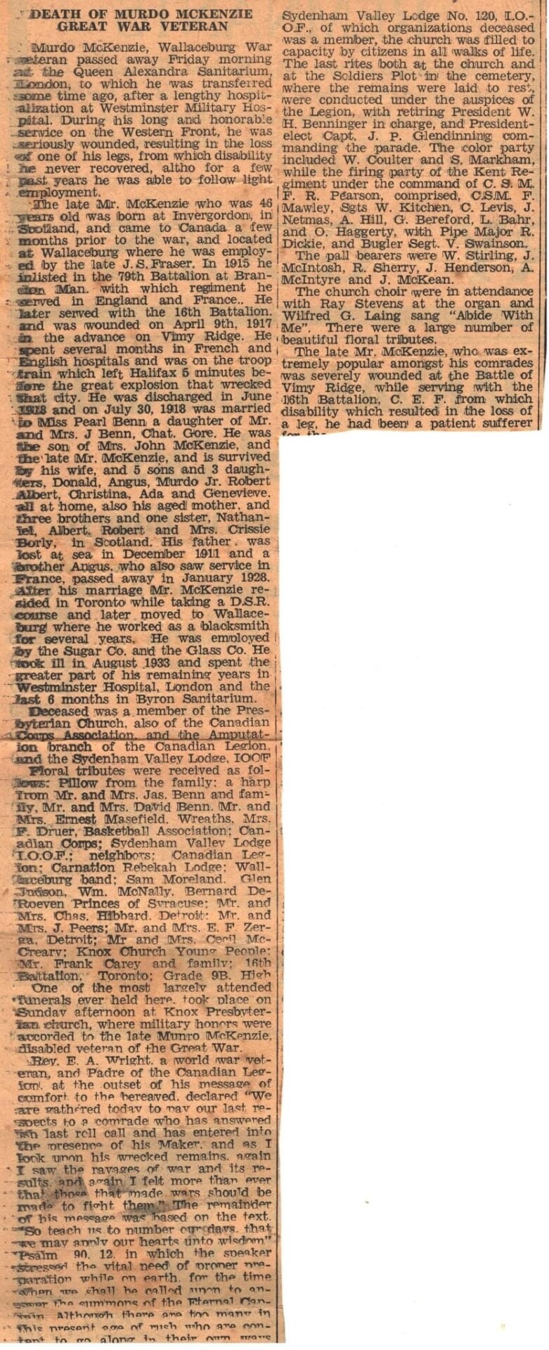 MacKenzie, Murdo – Gathering Our Heroes – Chatham-Kent's WWI & WWII ...